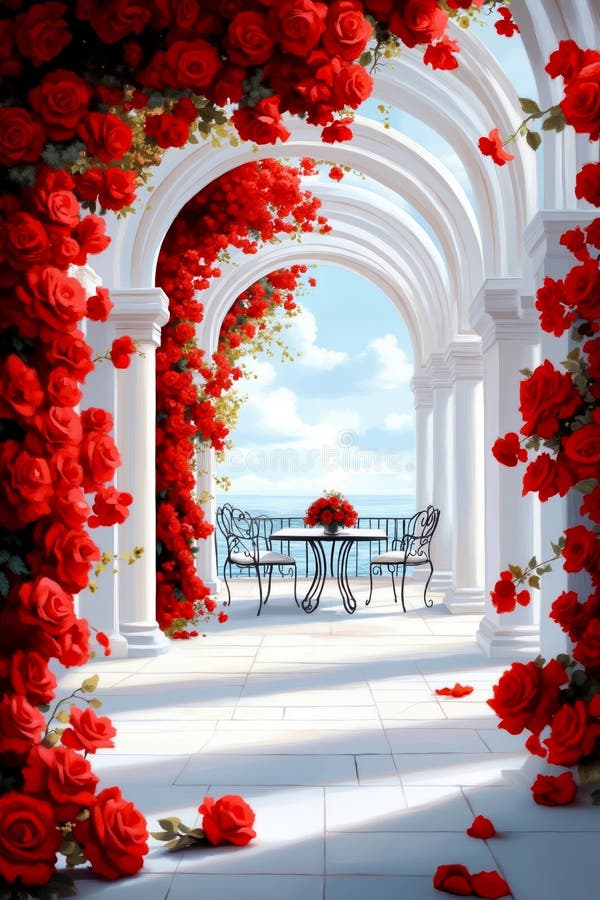 A Painting of a Patio with a Table and Chairs Surrounded by Red Roses ...