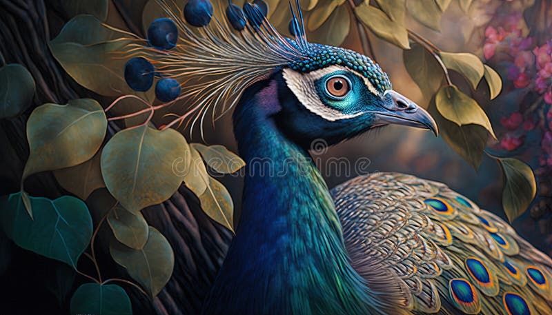 A Painting of a Peacock in a Tree Surrounded by Leaves. Generative Ai ...