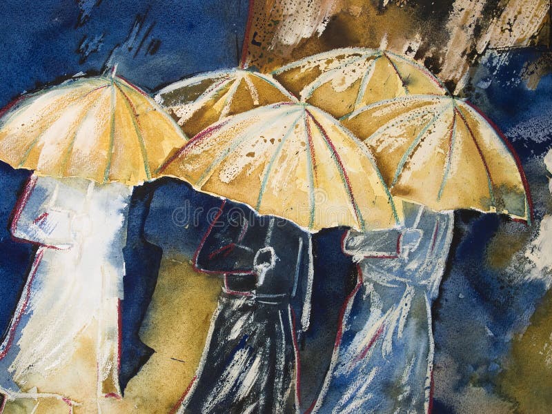 Painting of People with Umbrellas Stock Illustration - Illustration of ...