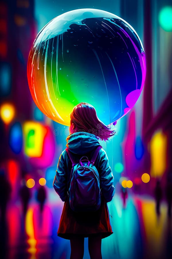 Painting of Person with Backpack Looking at Large Object in the Air ...