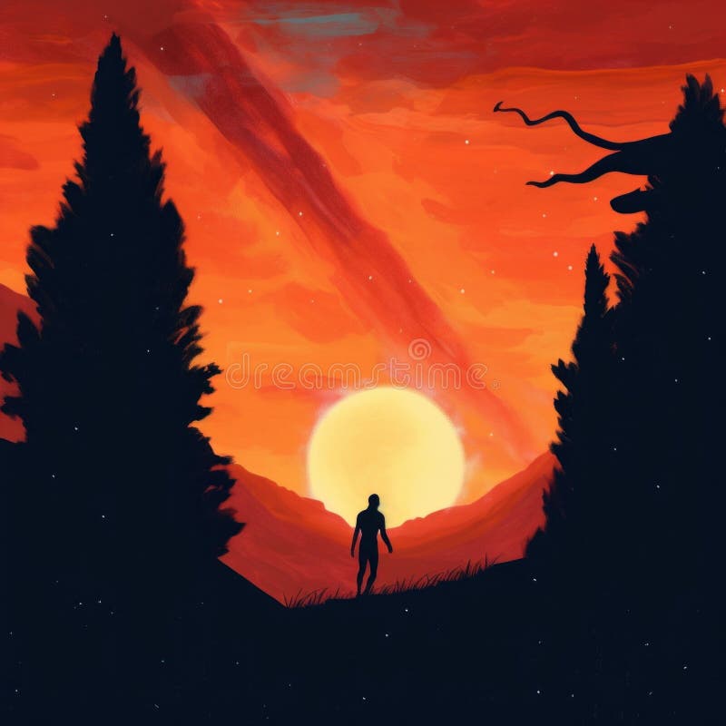 A Painting of a Person Standing on a Hill at Sunset. Generative AI ...