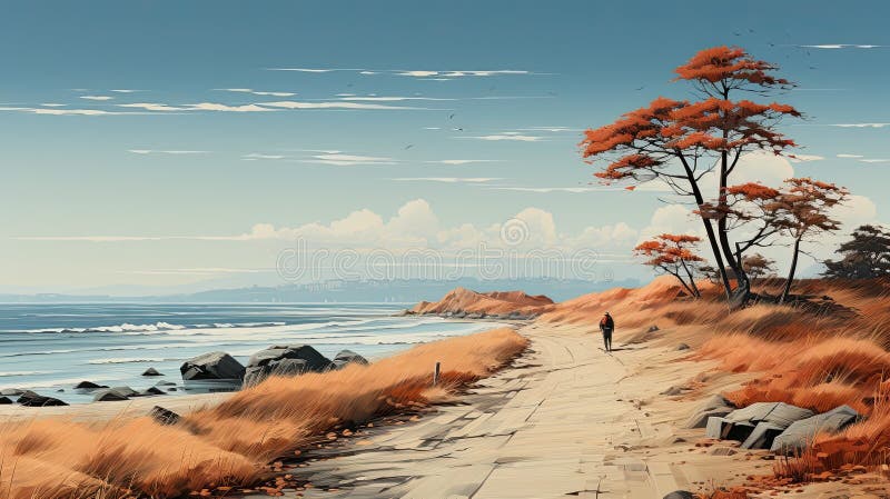 A Painting of a Person Walking on a Path Near the Ocean. Generative AI ...
