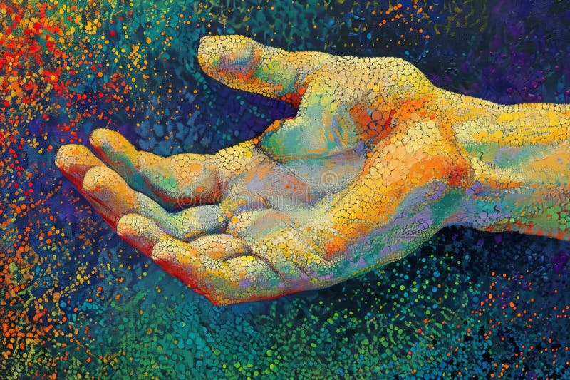 A Painting of a Persons Hand Holding Something, a Pointillist Painting ...