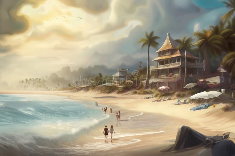 Painting of Picturesque Romantic Beach Vacation Setting, Created with ...