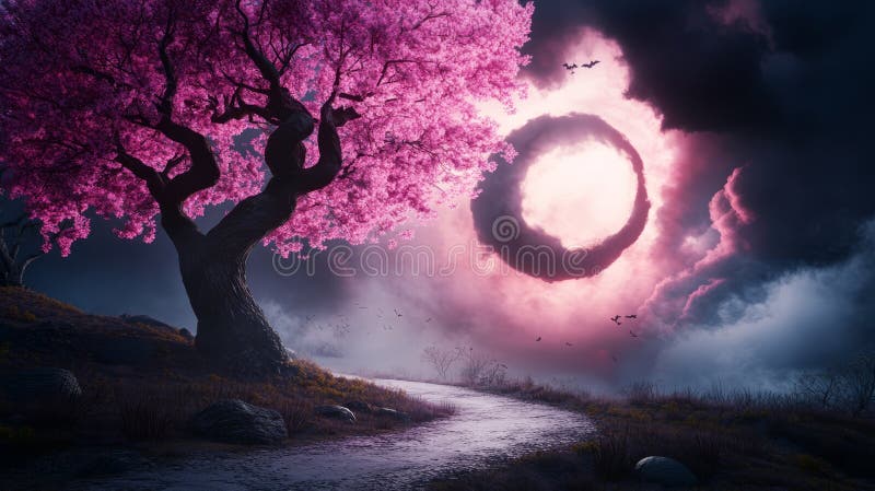 A Painting of a Pink Tree with a Circular Center and a Winding Path ...