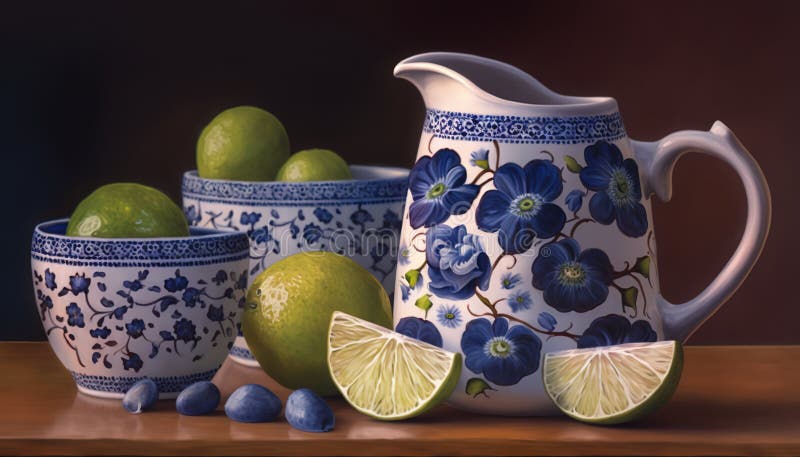 A Painting of a Pitcher and Two Bowls with Lemons Stock Illustration ...