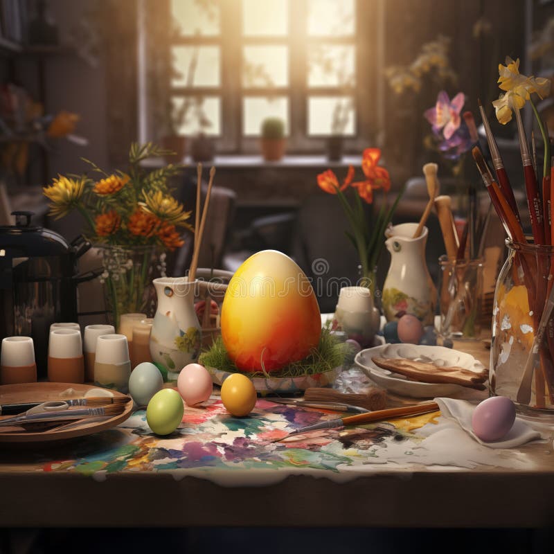 Painting and Preparing Easter Eggs on the Table Stock Illustration - Illustration of child ...