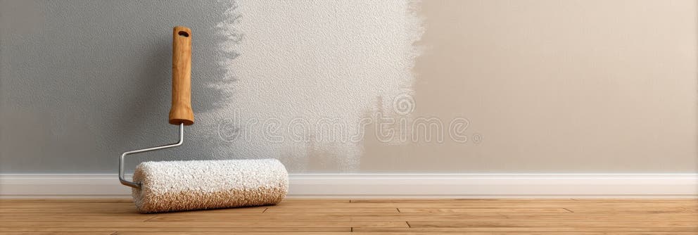 Painting Process in a Corner with a Painter Roller and Textured Wall in ...