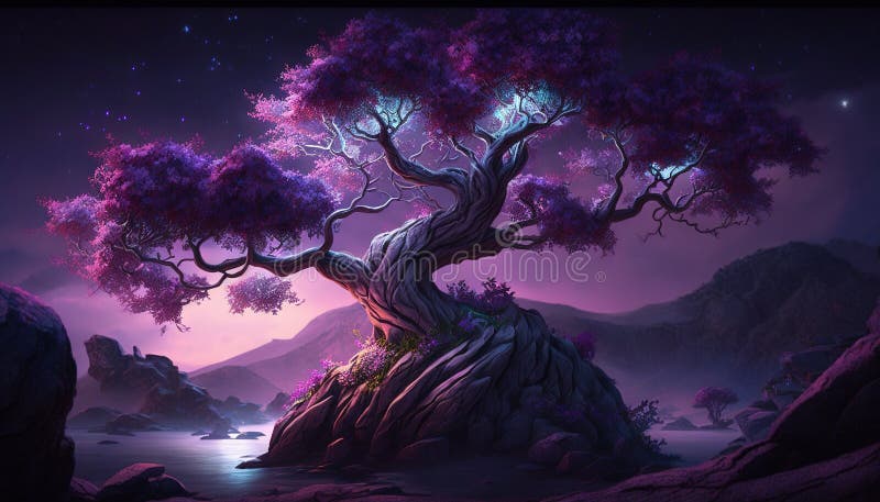 A Painting of a Purple Tree on a Rocky Cliff at Night Stock ...