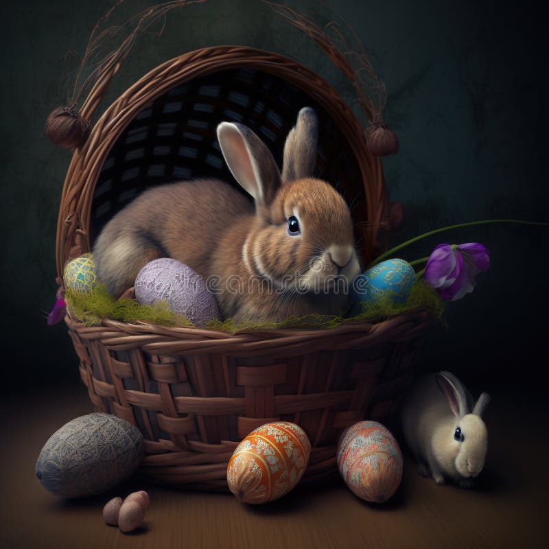 A Painting of a Rabbit in a Basket with Eggs and Flowers Stock ...