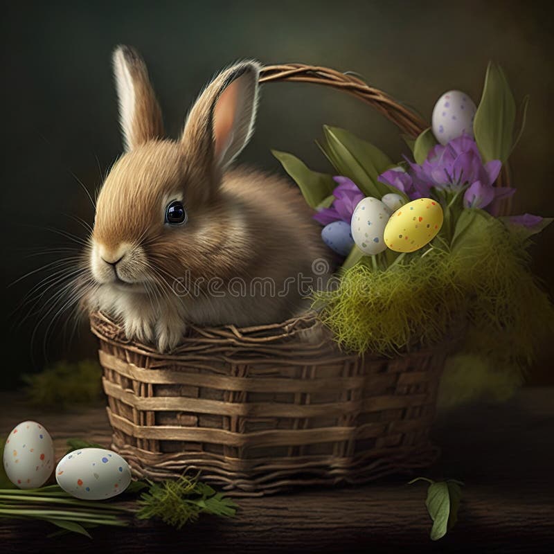A Painting of a Rabbit Sitting in a Basket with Eggs Stock Illustration ...