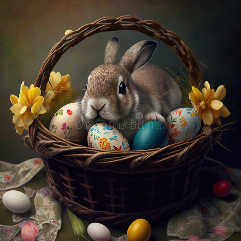 A Painting of a Rabbit Sitting in a Basket with Eggs Stock Illustration - Illustration of ...