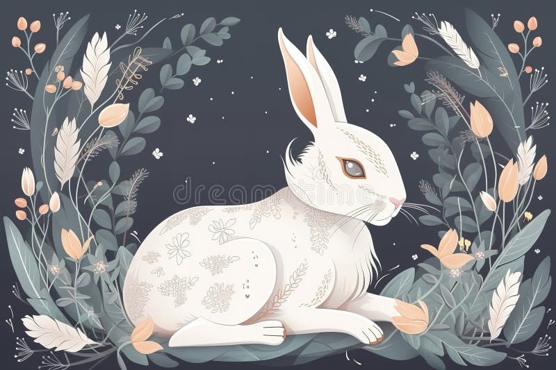 Painting of Rabbit Sitting Down with Flowers and Leafs. Generative AI ...