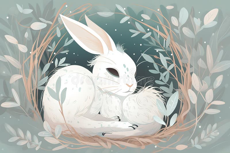 Painting of Rabbit Sitting Down with Flowers and Leafs. Generative AI ...