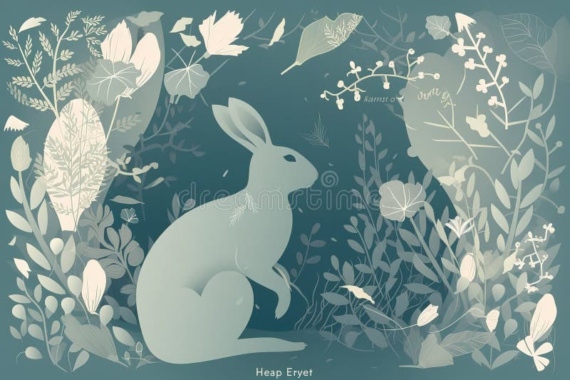 Painting of Rabbit Sitting Down with Flowers and Leafs. Generator AI ...