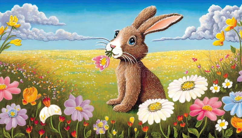 A Painting of a Rabbit Sitting in a Field of Flowers Stock Illustration ...