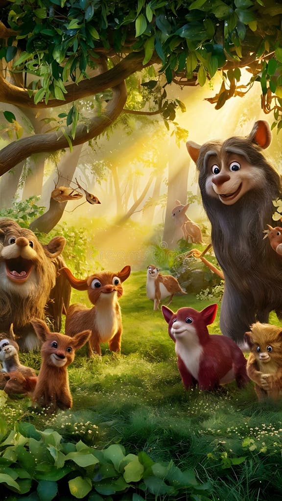 A Painting of Rabbits and a Bird in a Forest Stock Illustration ...