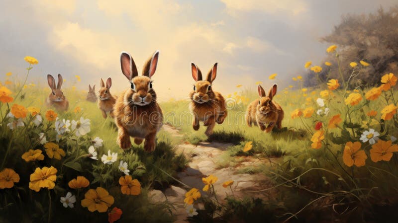 A Painting of Rabbits Running in a Field of Flowers Stock Illustration ...