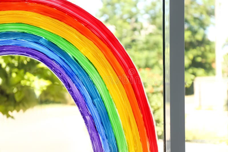 Painting of Rainbow on Window. Stay at Home Concept Stock Image - Image ...