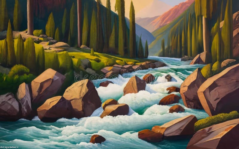 Rapids Rushing through a Rocky River Gorge. Painting Stock Illustration ...