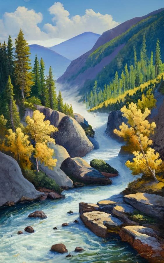 Rapids Rushing through a Rocky River Gorge. Painting Stock Illustration ...