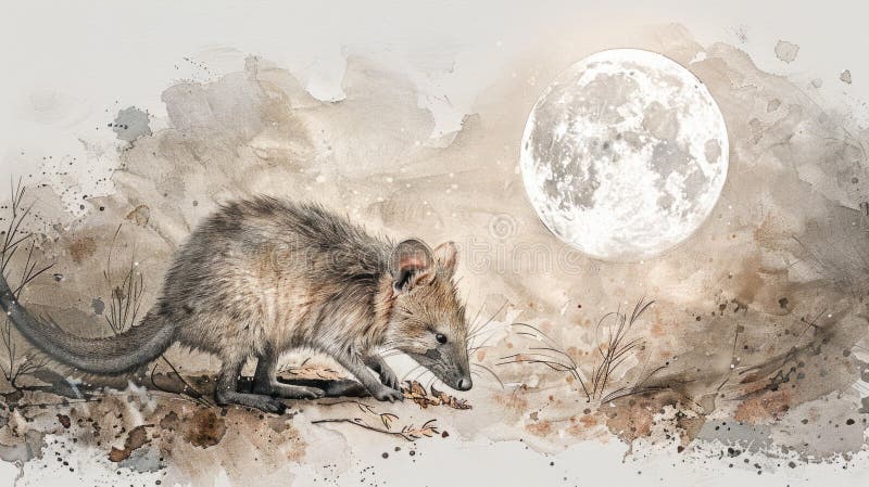 A Painting of a Rat on the Ground with a Full Moon in the Background ...