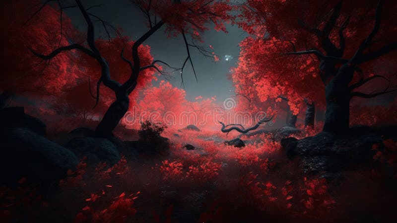 A Painting of a Red Forest at Night with a Full Moon Stock Illustration ...