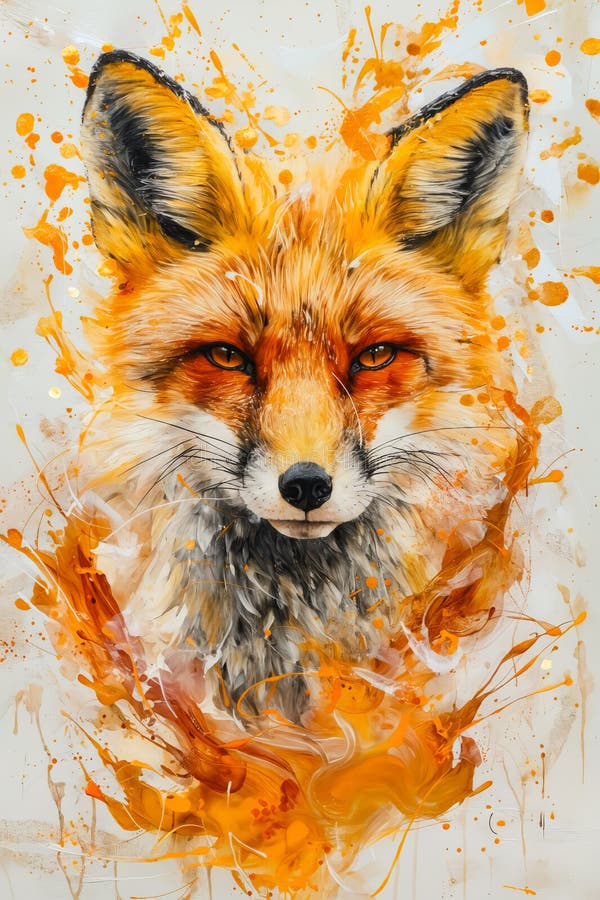 A Painting of a Red Fox with Orange Paint Splatters on it S Face ...