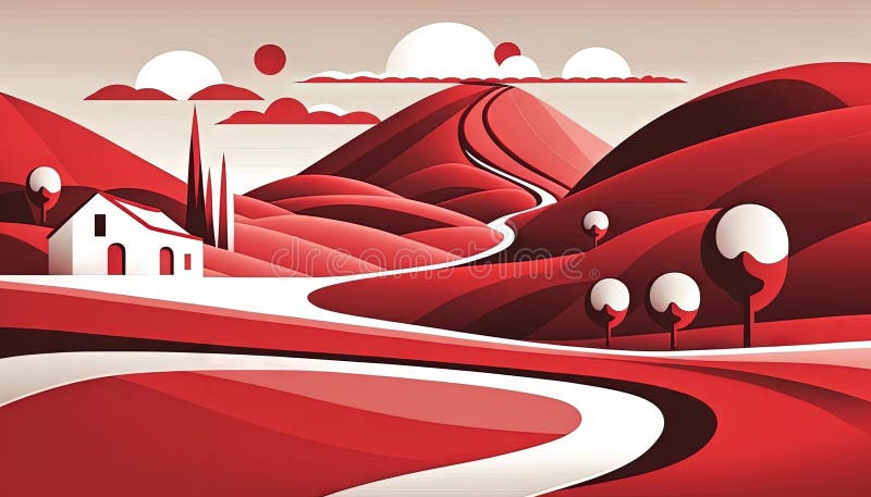 A Painting of a Red Landscape with a House and Trees. Stock ...