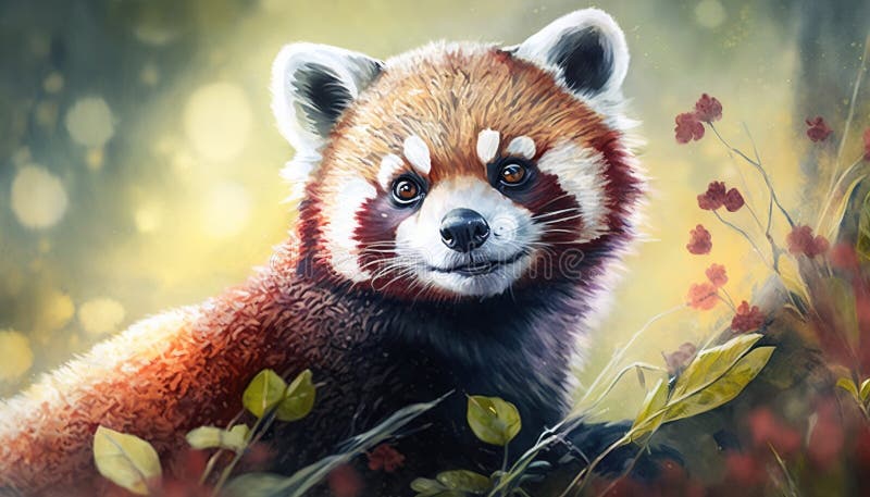 A Painting of a Red Panda in a Field of Flowers. Stock Illustration ...