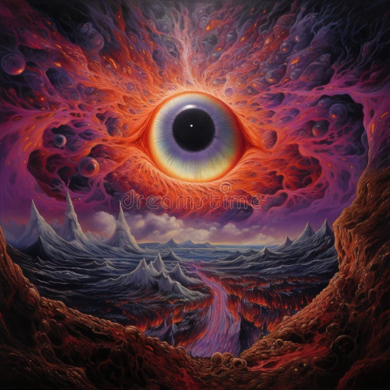 A Painting of a Red and Purple Landscape with a Large Eye Stock ...
