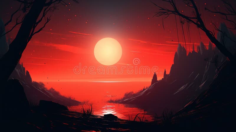 A Painting of a Red Sunset with a River Running through it Stock ...