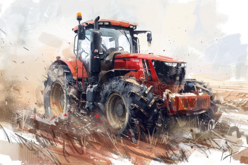 A Painting of a Red Tractor in a Field. Suitable for Agricultural ...