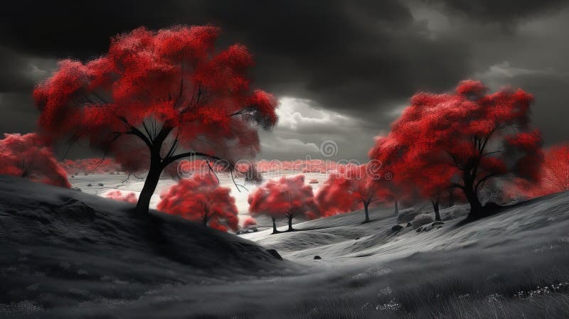 A Painting of a Red Tree in a Snowy Landscape with Dark Clouds Stock ...