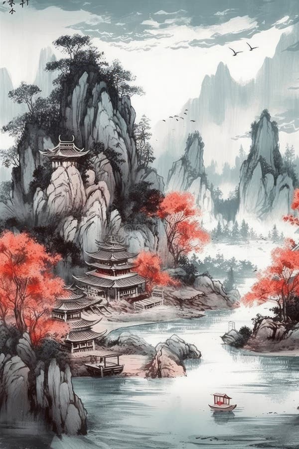 Painting of Red Trees and a River, in the Style of Traditional Chinese ...