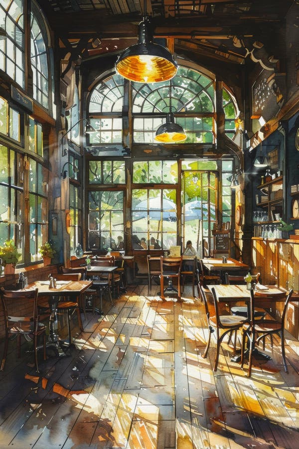 A Painting of a Restaurant with Lots of Windows and Tables, AI Stock ...