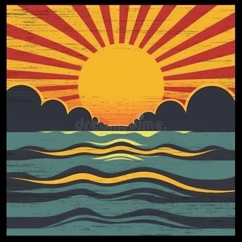 Painting of Retro Sunset Rays Wavy Vintage Generative AI Stock ...