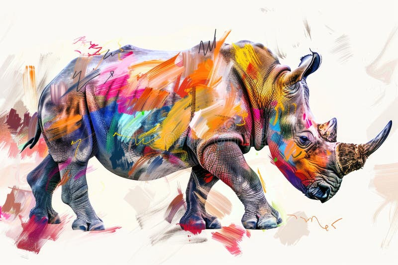 A Painting of a Rhino Covered in Vibrant Colors, Suitable for Various ...