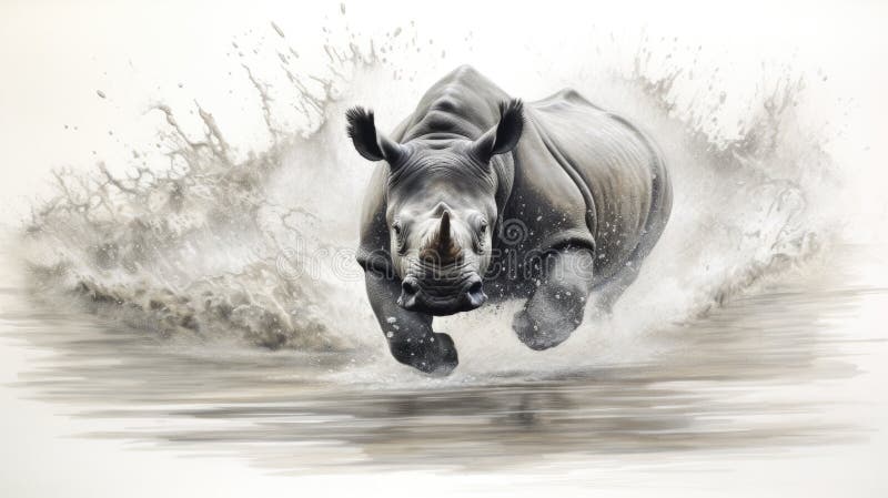 A Painting of a Rhino Running through Water, AI Stock Illustration ...