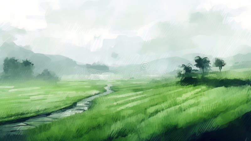 Painting of Rice Fields View Generative AI Stock Illustration ...