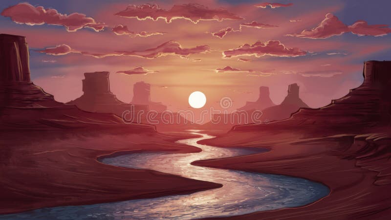 A Painting of a River Flowing through the Desert at Sunset, AI Stock ...