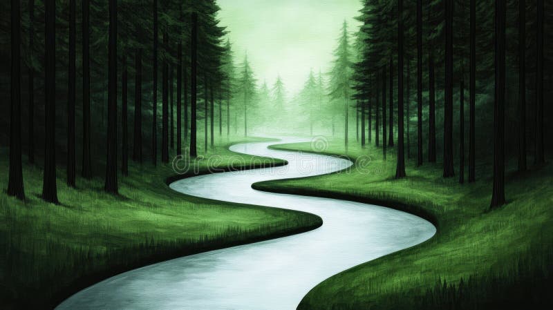 A Painting of a River Flowing through the Middle of Some Trees, AI ...