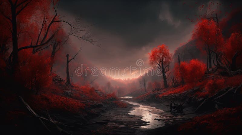 A Painting of a River in a Forest with Red Trees Stock Illustration ...