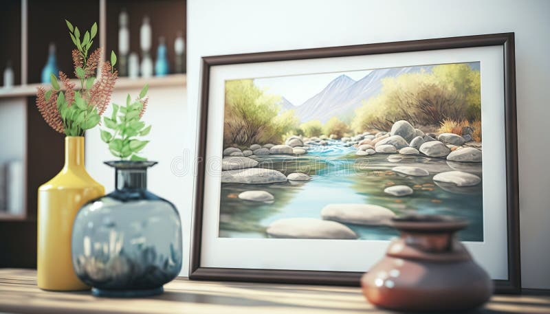A Painting of a River in a Frame Next To a Vase with a Plant in it ...