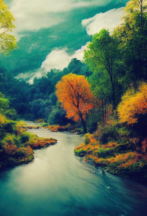 A Painting of a River Surrounded by Trees and Clouds in the Sky with a ...