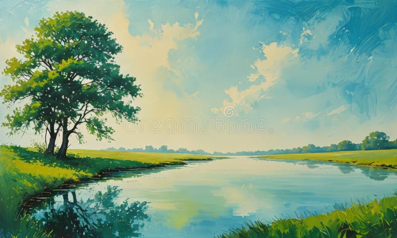 Painting River with Trees and Grass Stock Illustration - Illustration ...