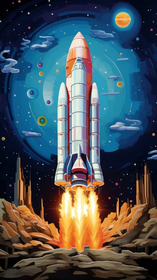 A Painting of a Rocket Taking Off into Space Stock Image - Image of ...