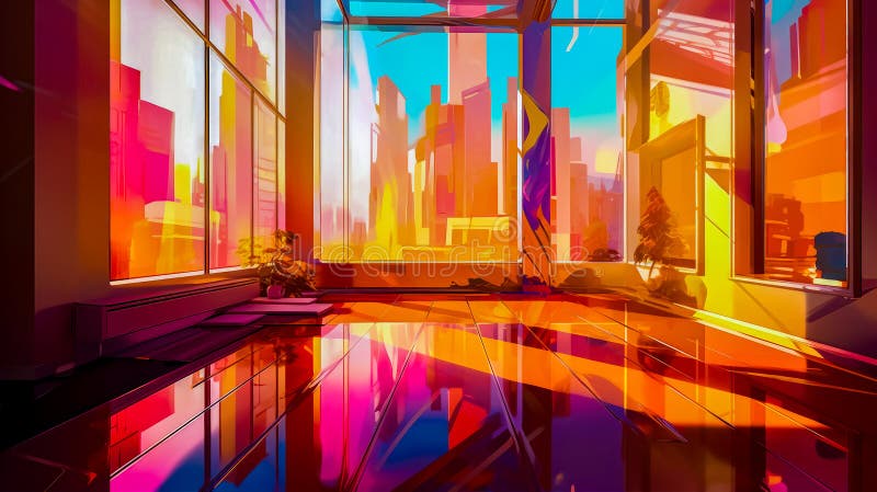 Painting of Room with Large Windows and View of City. Generative AI ...