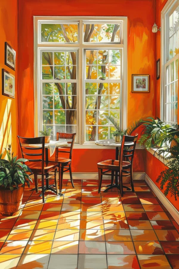 A Painting of a Room with Orange Walls and Windows, AI Stock Image ...