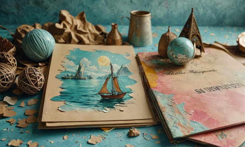 Painting Sailboat on Blue Sea, with Map and Various Objects in the ...